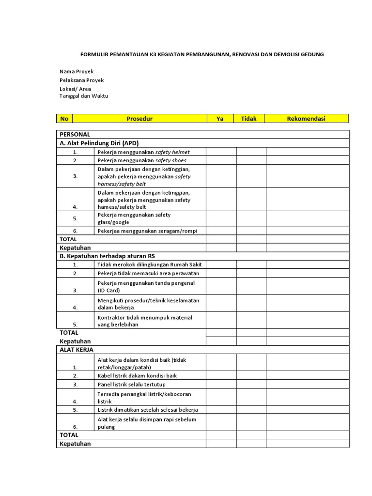 Formulir Pemantauan Kepatuhan Kontraktor PCRA Untuk Workshop | PDF