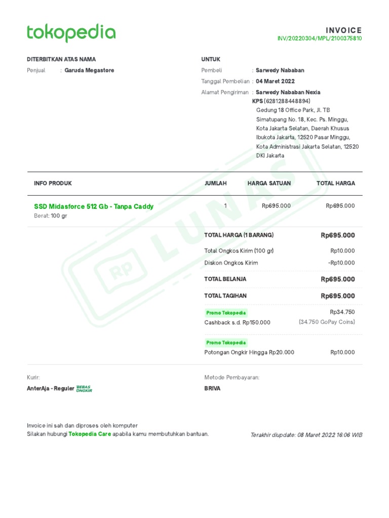 Invoice Pembelian SSD 512GB Maret 2022 | PDF
