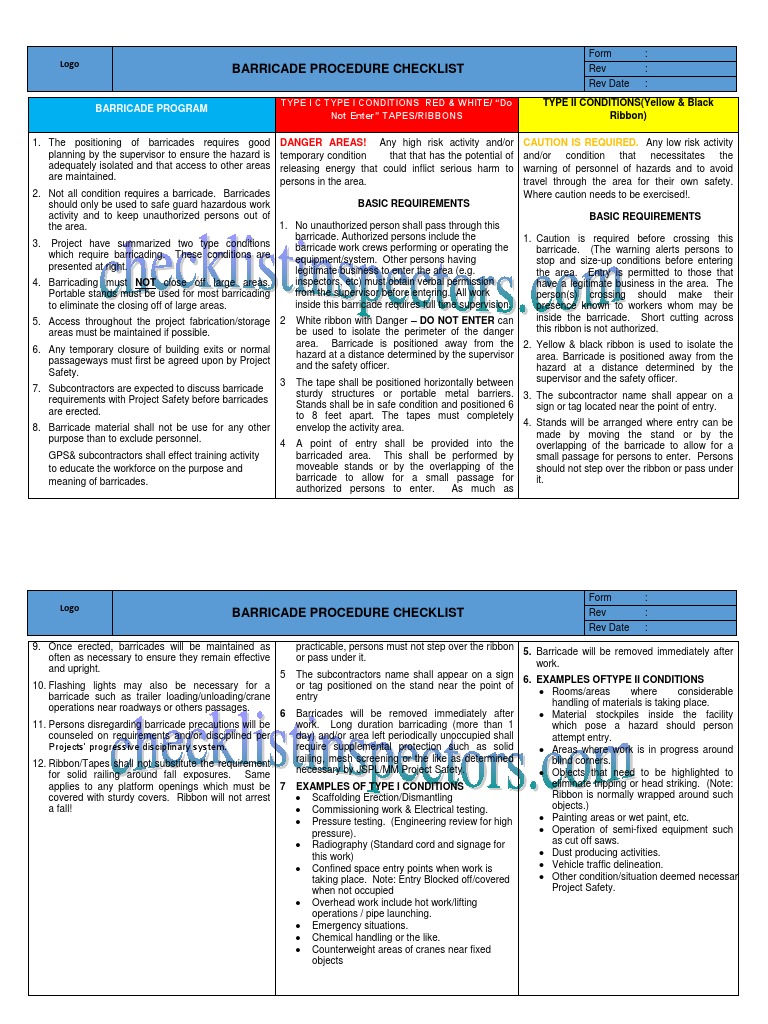 Barricade Procedure Checklist Inspection Free Template | Download Free ...
