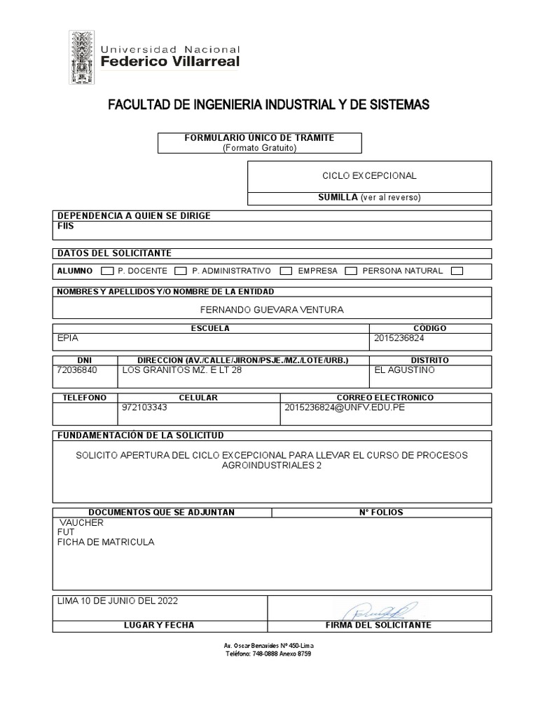 Formulario Unico de Tramite Fiis-Unfv | PDF