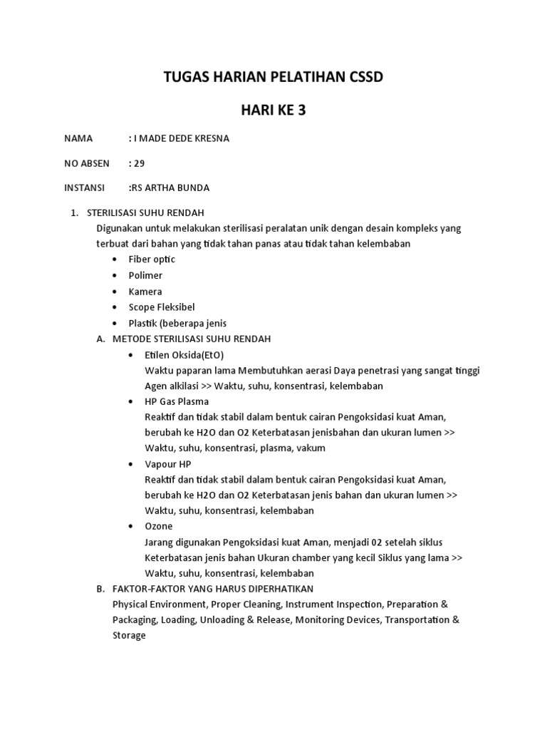 Tugas Harian Pelatihan CSSD Hari 3 | PDF