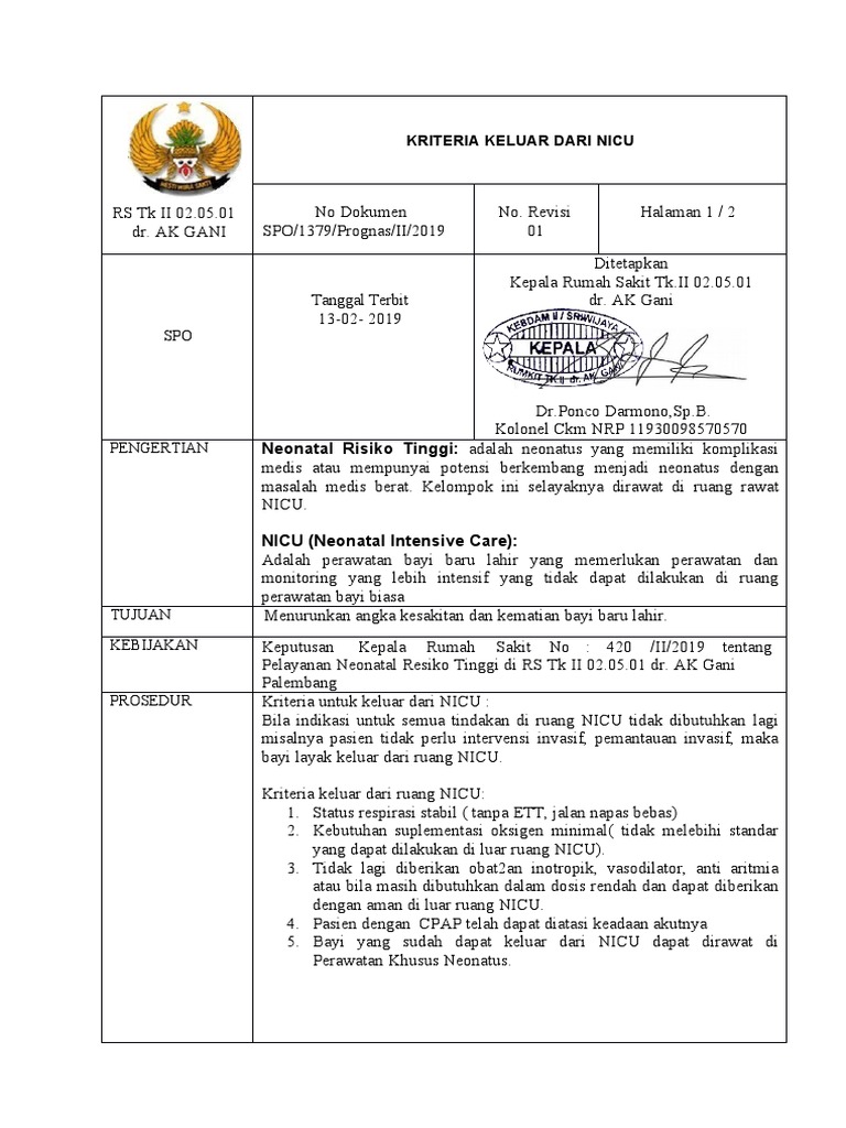 SPO Kriteria Keluar NICU | PDF