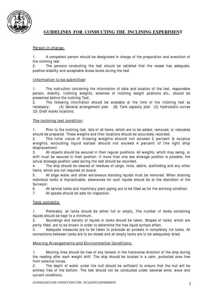 Guidelines For Conducting The Inclining Experiment | PDF | Ships