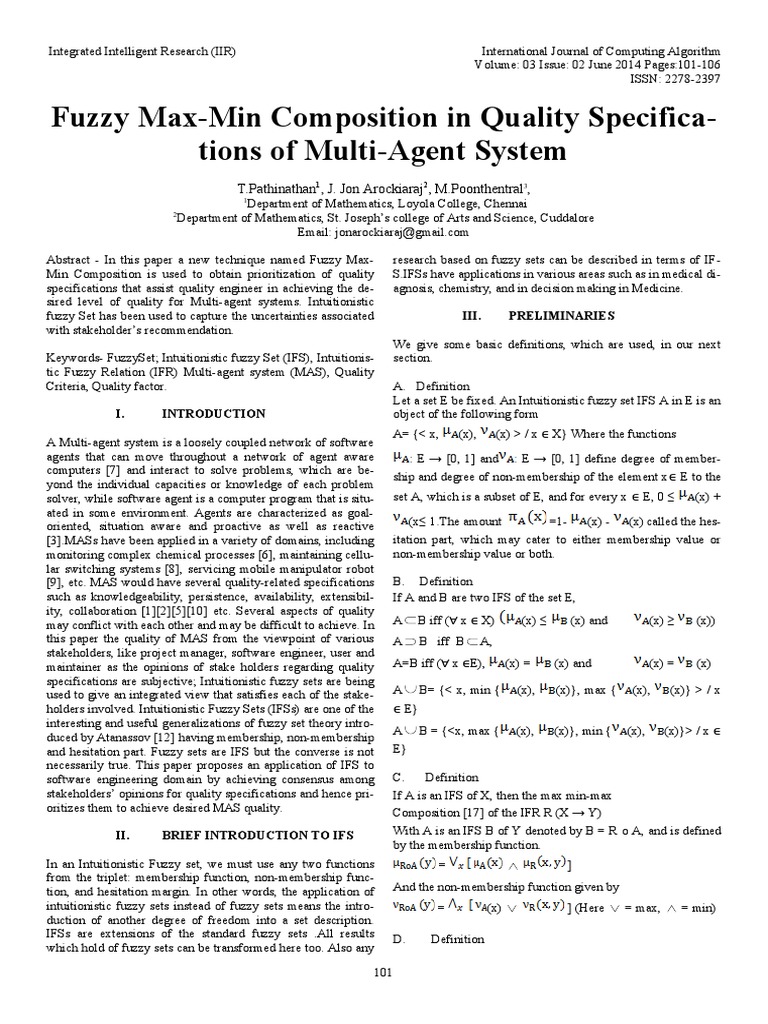 Fuzzy Max Min Composition In Quality Specifica Tions Of Multi Agent System Pdf Fuzzy Logic 8036