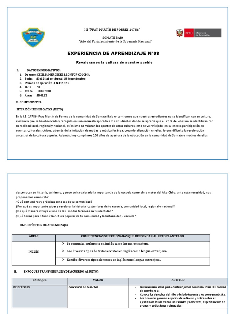 Experiencia de Aprendizaje N°08 Segundo | PDF | Idioma en Inglés | Aprendizaje