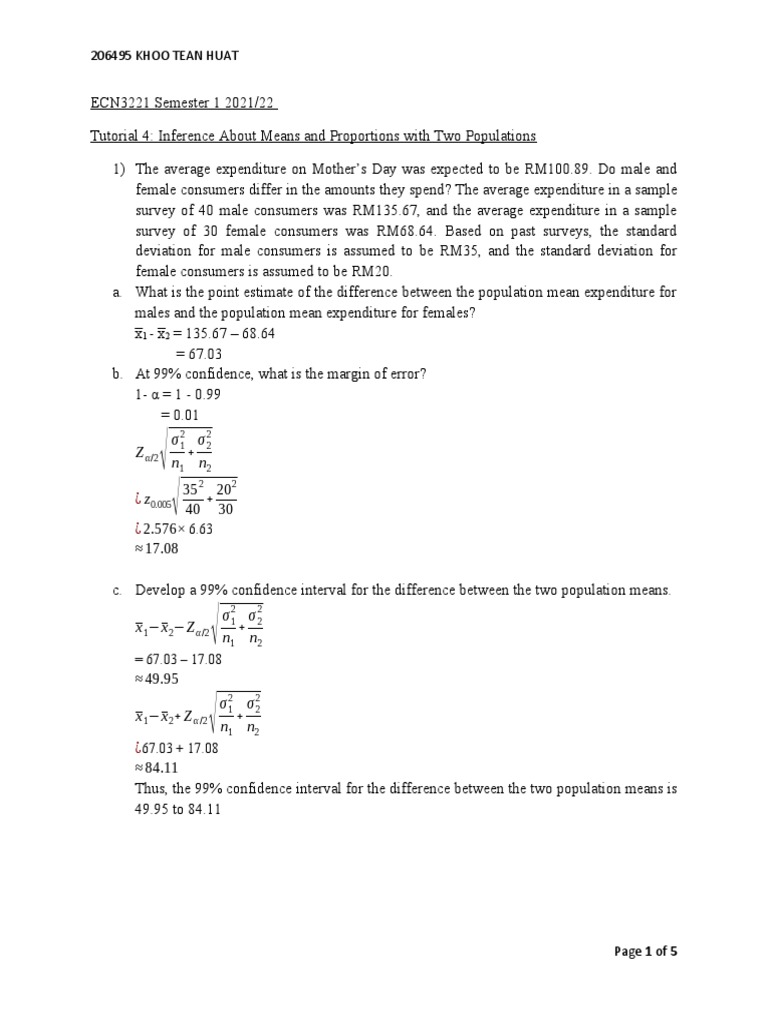 Tutorial 4 Sem 1 2021-22 | PDF | P Value | Confidence Interval
