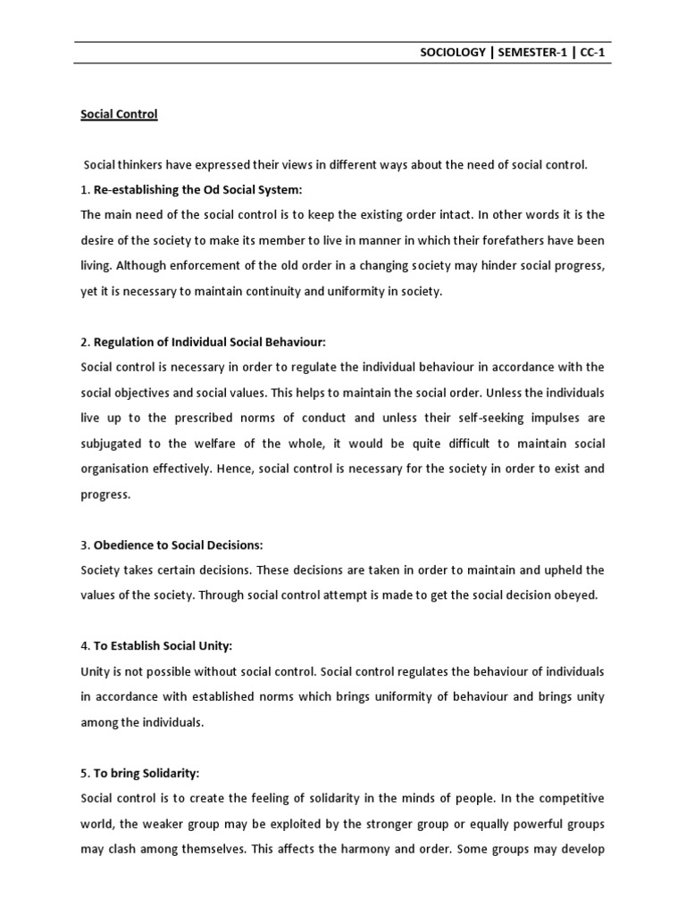 Sociology Semester-1 CC1 Social Control | PDF | Institution | Socialization