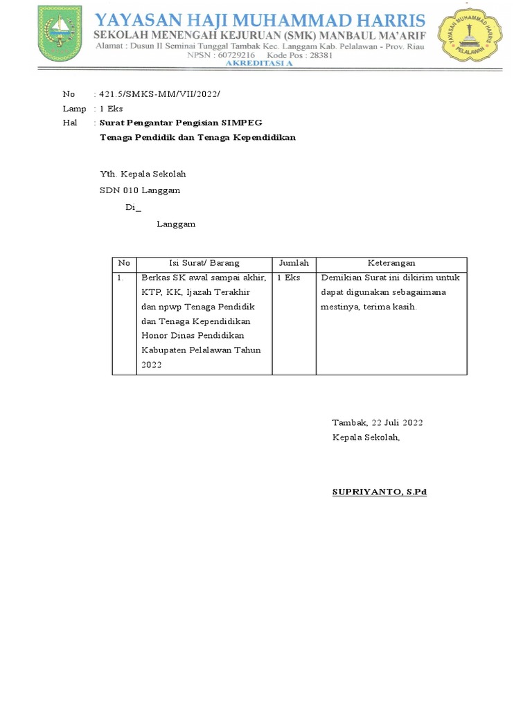 SURAT PENGANTAR Pengisian Simpeg | PDF