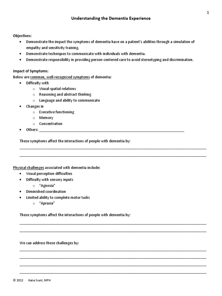 Understanding The Dementia Experience Handout | PDF | Dementia | Memory