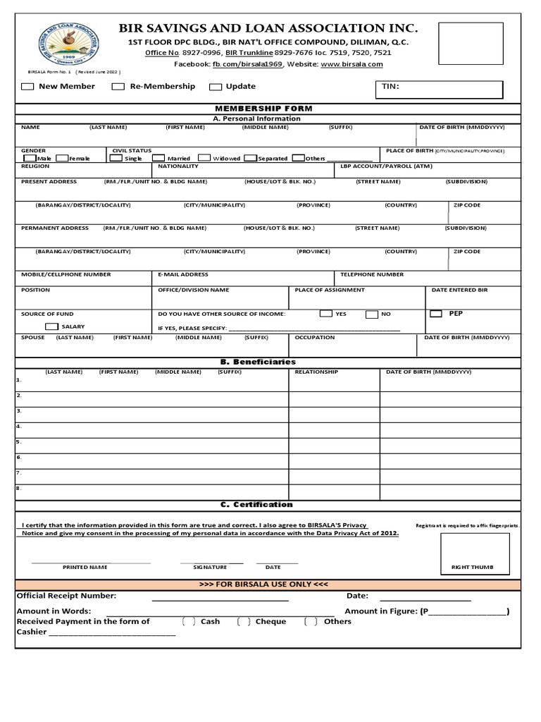 BIRSALA Membership Form-June 2022 | PDF | Financial Services | Service ...