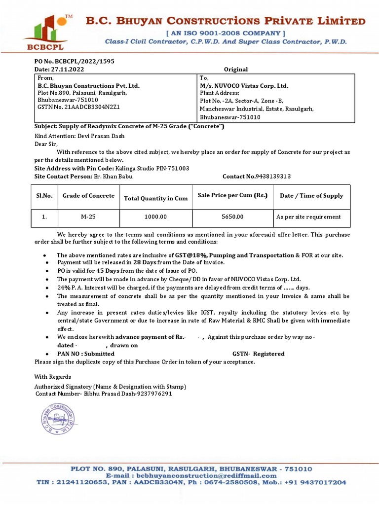 Ready Mix Concrete Purchase Order | PDF | Payments | Economies