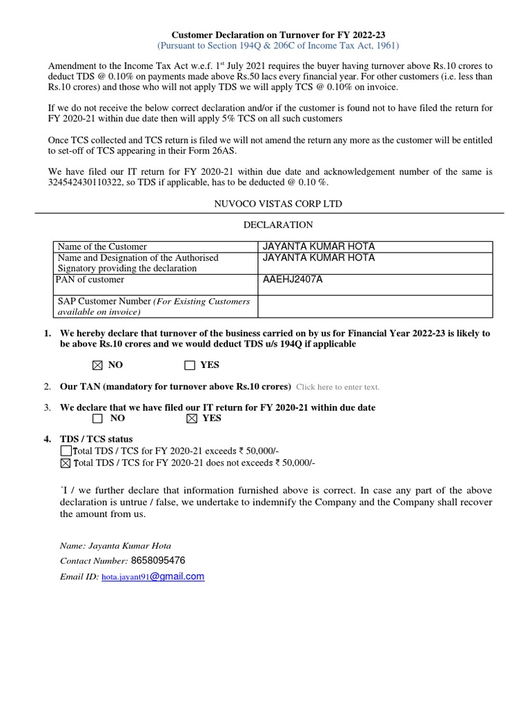 Jayanata Kumar Hota TDS DECLARATION | PDF | Finance & Money Management