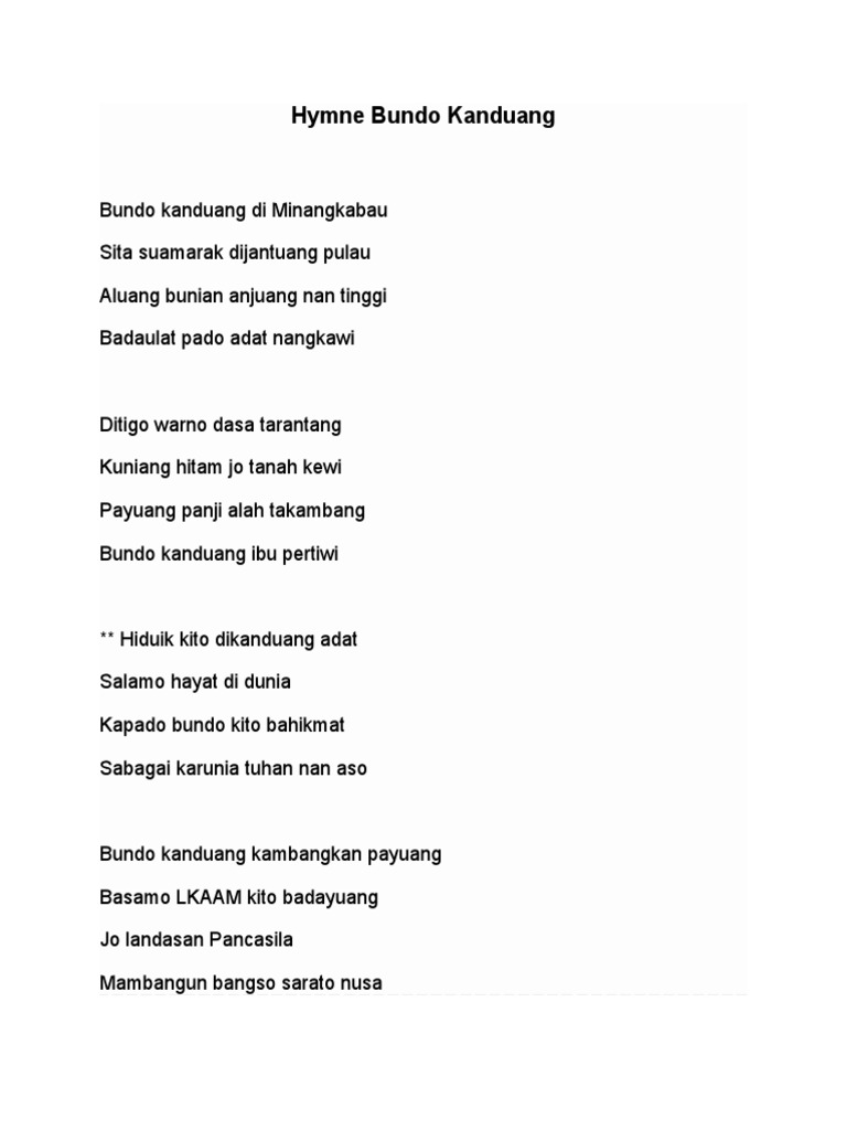 Hymne Bundo Kanduang: Lagu Kebangsaan Adat Minangkabau | PDF