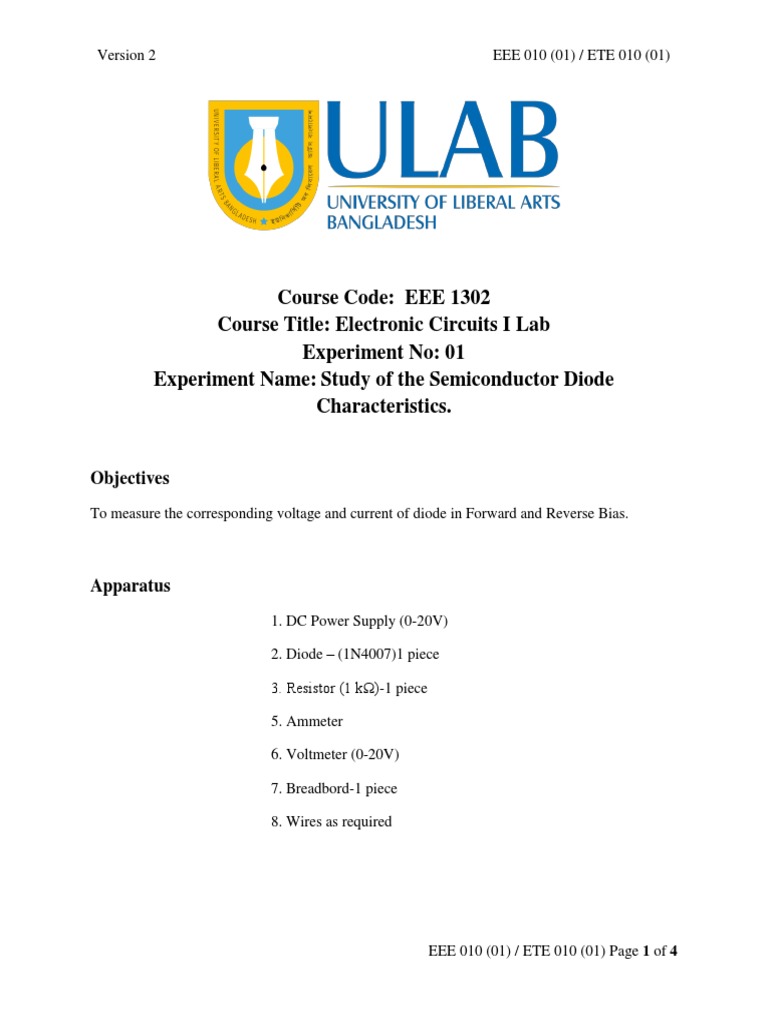 EEE 1302 - Experiment 1 | PDF | Diode | Voltage