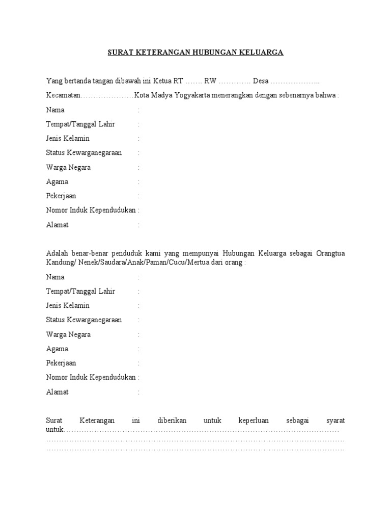 Surat Keterangan Hubungan Keluarga | PDF
