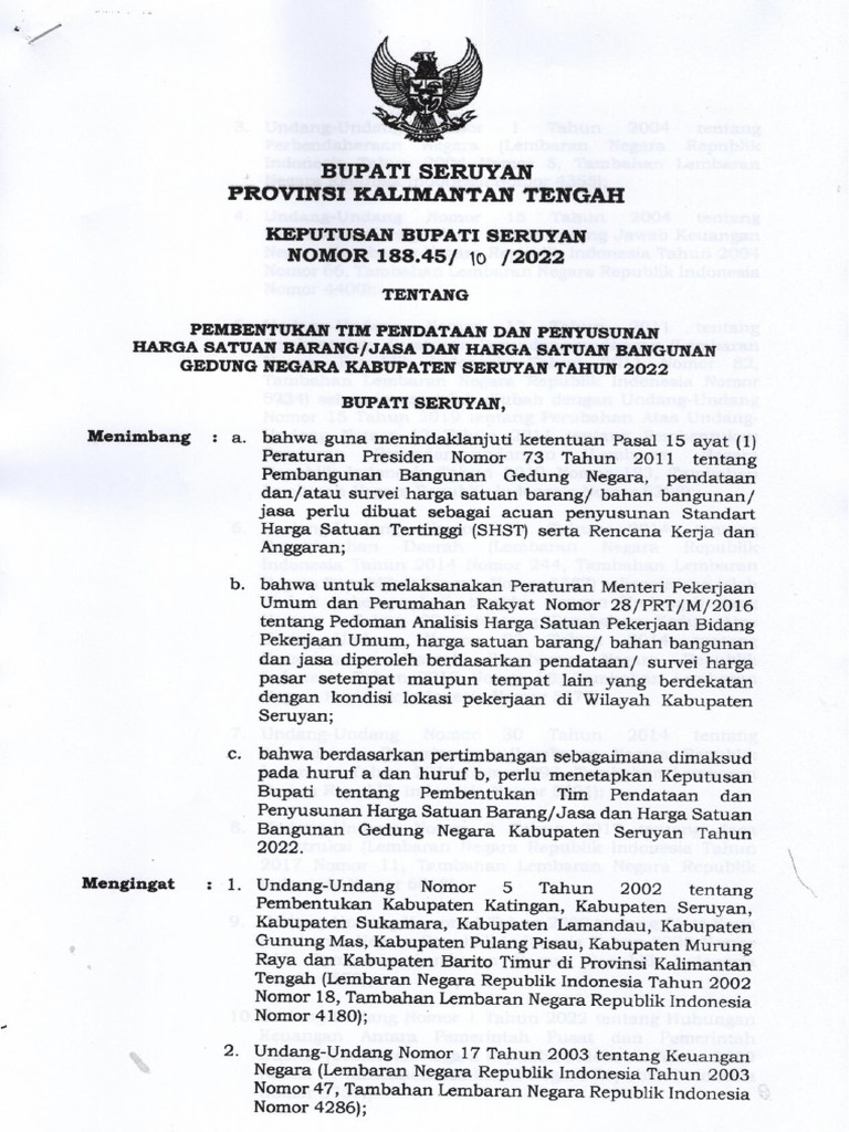 Keputusan Bupati Seruyan Tentang Pembentukan Tim Pendataan Dan Penyusunan HSBJ Dan HSBGN Kab ...