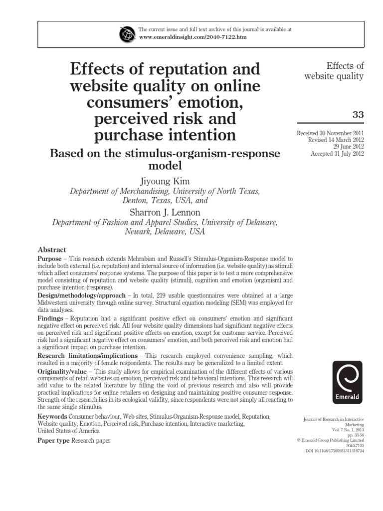 Effects of Reputation and Website Quality On Online Consumers' Emotion, Perceived Risk and ...
