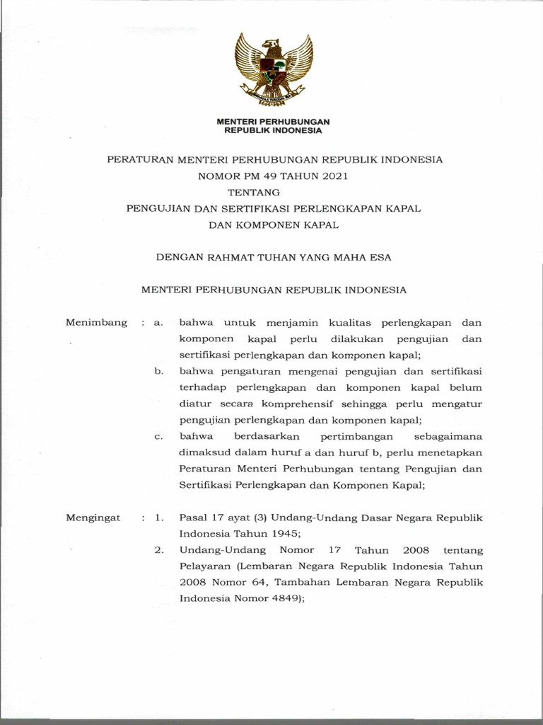 PM 49 Tahun 2021: Sertifikasi Kapal | PDF | Hukum