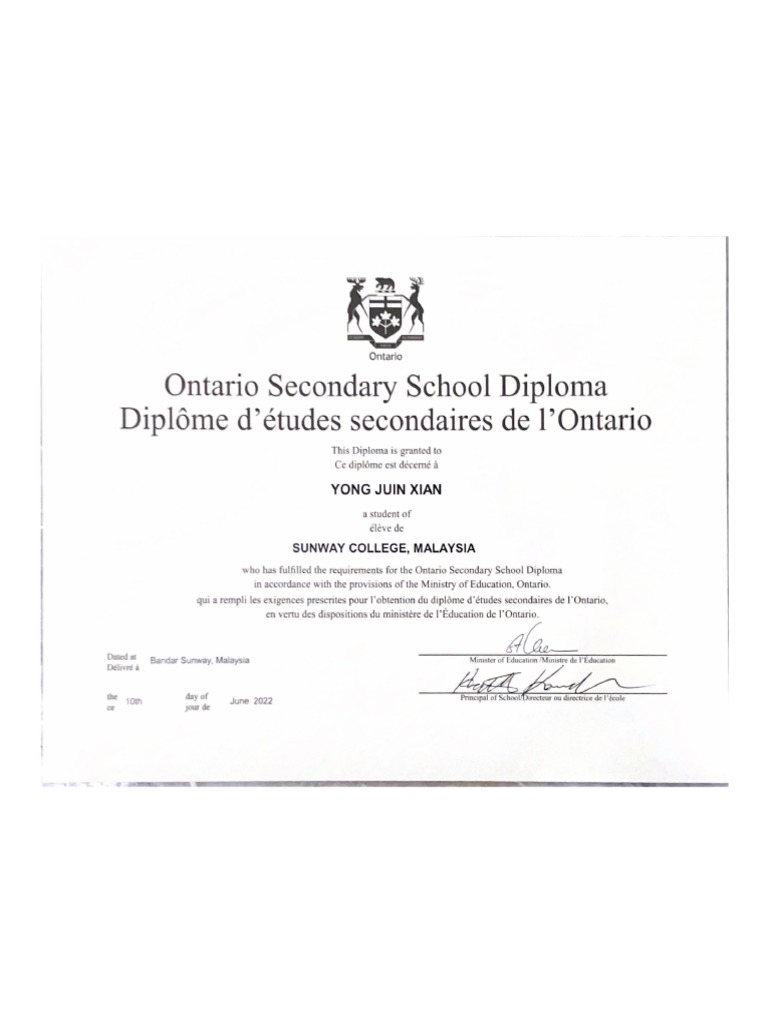 Ontario Secondary School Diploma Certificate | PDF