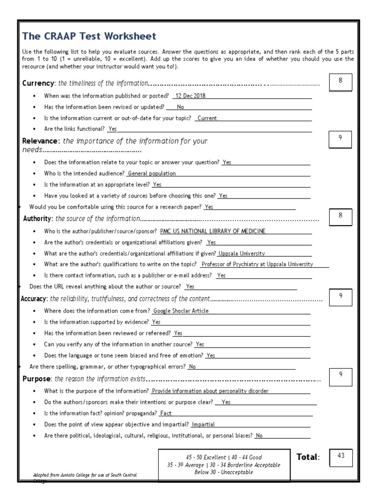 Activity CRAAP Test Worksheet | PDF | Psychology | Psychological Concepts Activity CRAAP Test Worksheet | PDF | Psychology | Psychological Concepts