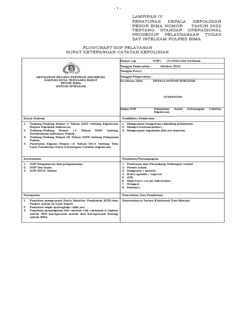 SOP Pelayanan SKCK Polres Bima 2022 | PDF