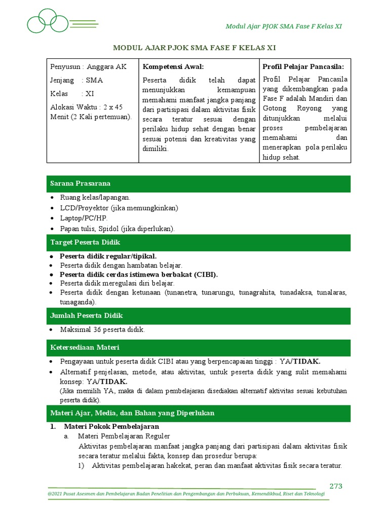 13 Sma Xi Modul Ajar Manfaat Aktivitas Fisik - 01 - 07 - 2021 Oke | PDF