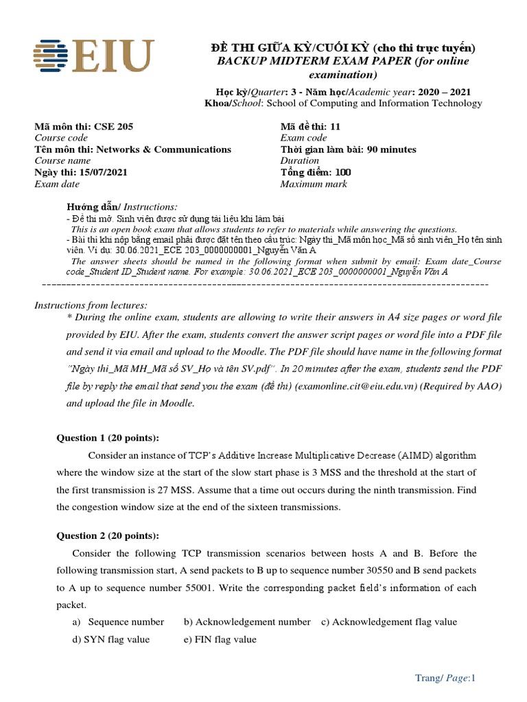 CSE 205 - Networks Communications - Midterm - Exam - Q3 - 11 | PDF | Transmission Control ...