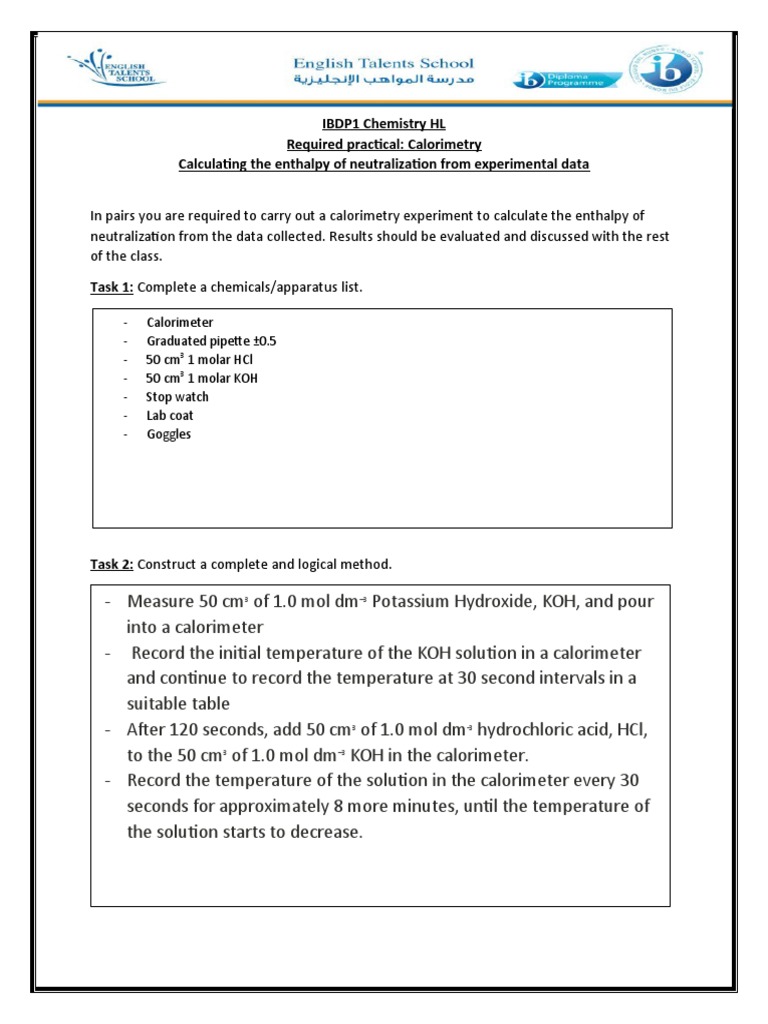 Calorimetry Lab Calculate Enthalpy Of Neutralization Pdf Calorimetry Hydrochloric Acid