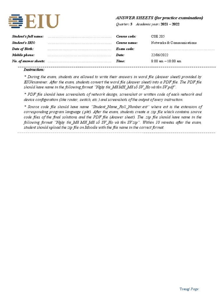 CSE 205 Final Exam - Practice Answer Sheet | PDF