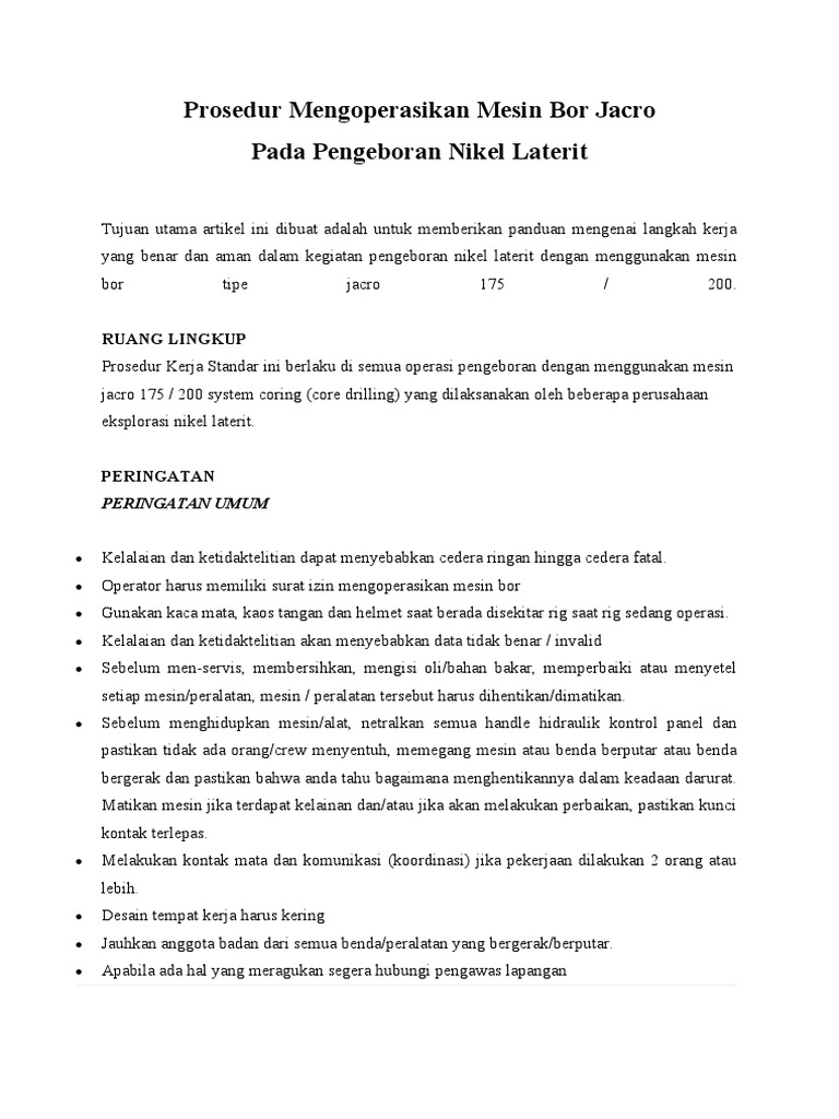 Prosedur Operasi Mesin Bor Jacro 200 | PDF