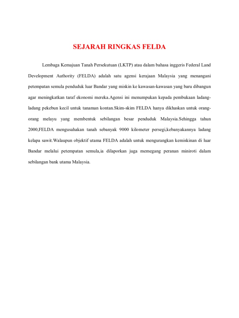 Sejarah Ringkas Felda | PDF