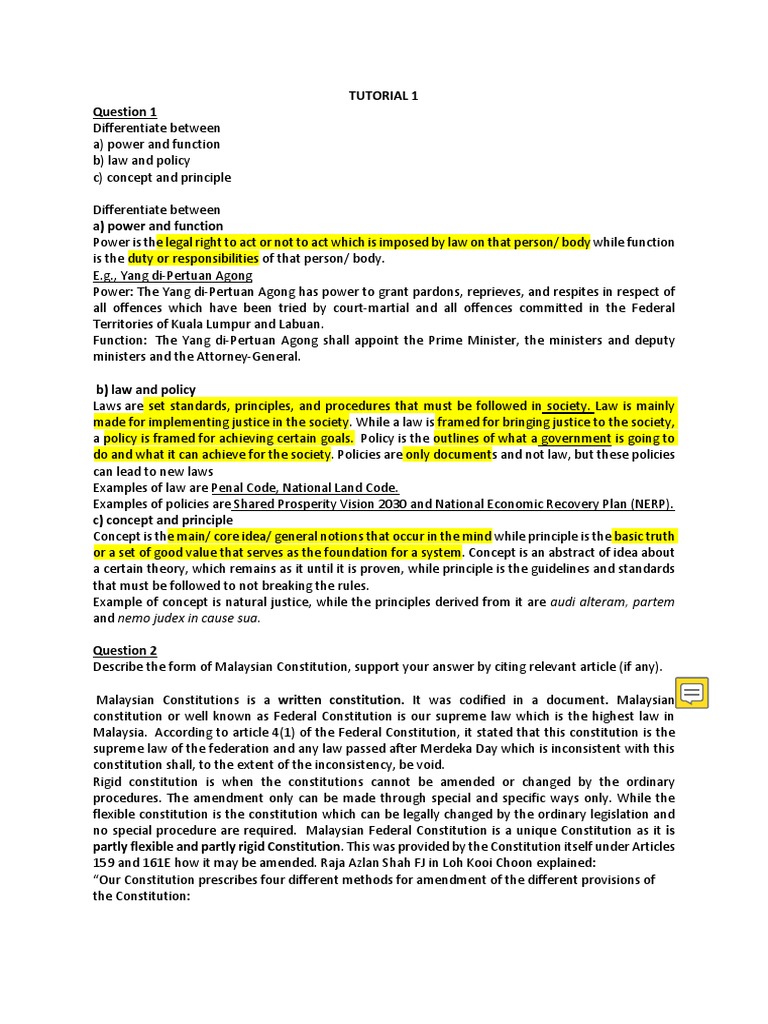 Answer Tutorial 1 Constitutional Law Pdf Us State State Government 