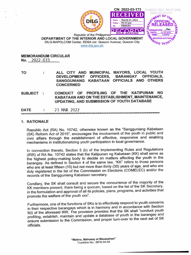 DILG MC 2022-033 Re CONDUCT OF PROFILING OF THE KATIPUNAN NG KABATAAN ...