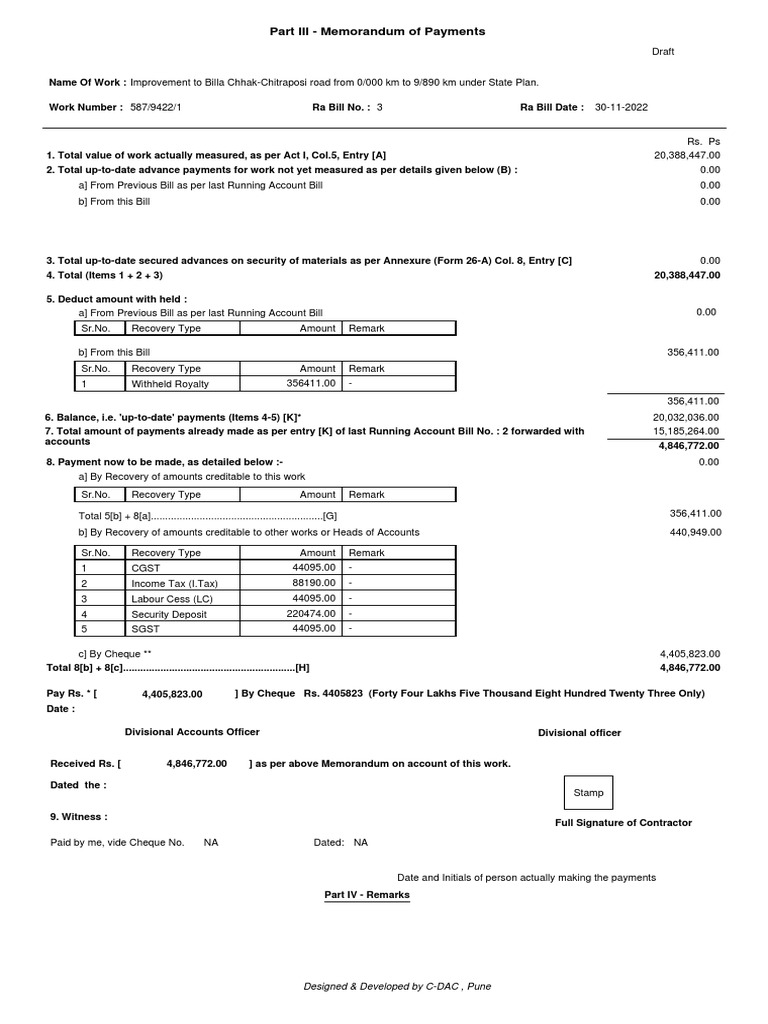 RA Bill Part-IV Bill No 3 | PDF | Payments | Cheque