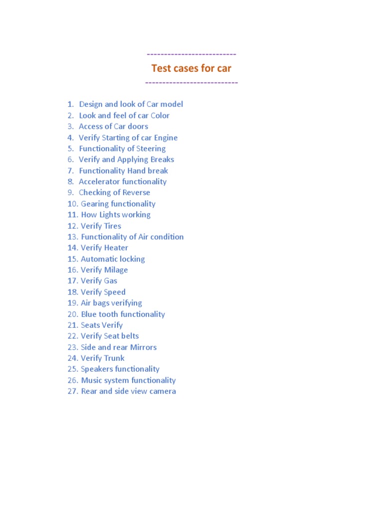 Test Cases For Car | PDF
