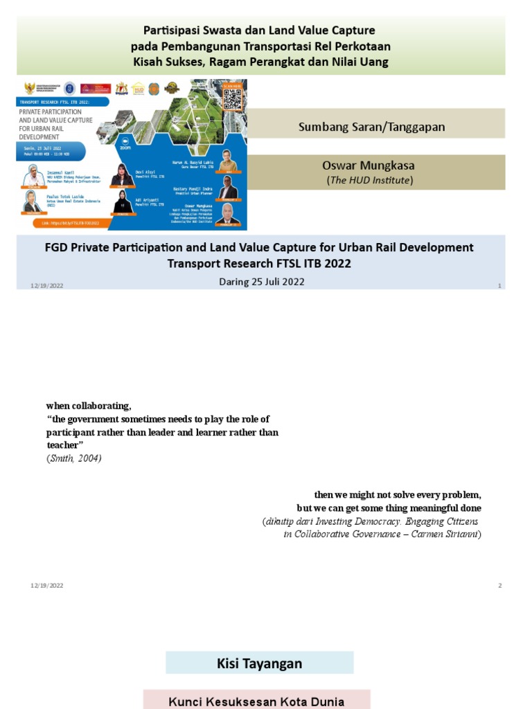 Partisipasi Swasta Dan Land Value Capture Pada Pembangunan Transportasi Rel Perkotaan Kisah ...