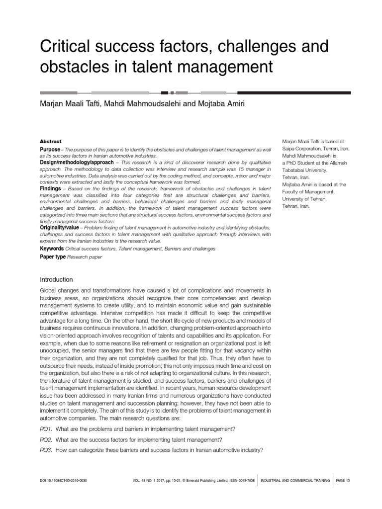 Critical Success Factors, Challenges and Obstacles in Talent Management ...