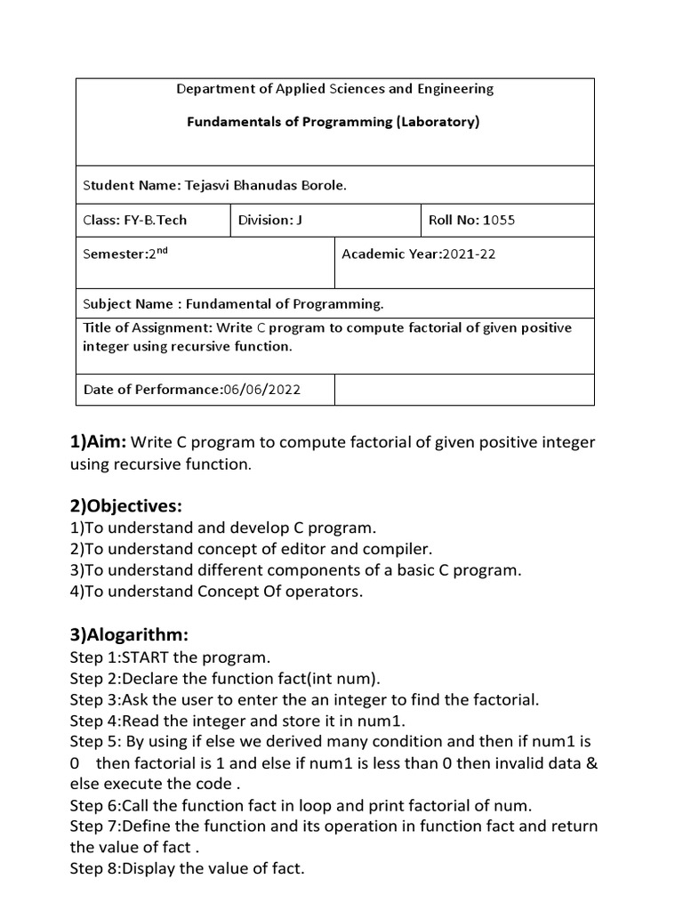 1055 - Tejasvi Borole FP Assignement-4 | PDF | Subroutine | Computer Program