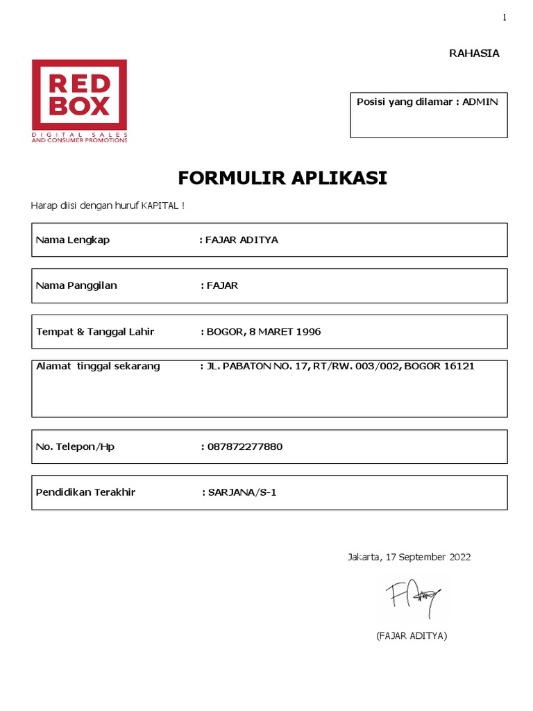 MIS Application Form - 2022 (Fajar Aditya) | PDF