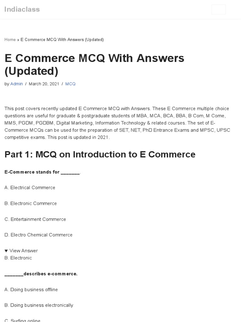 E Commerce MCQ With Answers (Updated) (2022) - Indiaclass1-1 | PDF | E ...