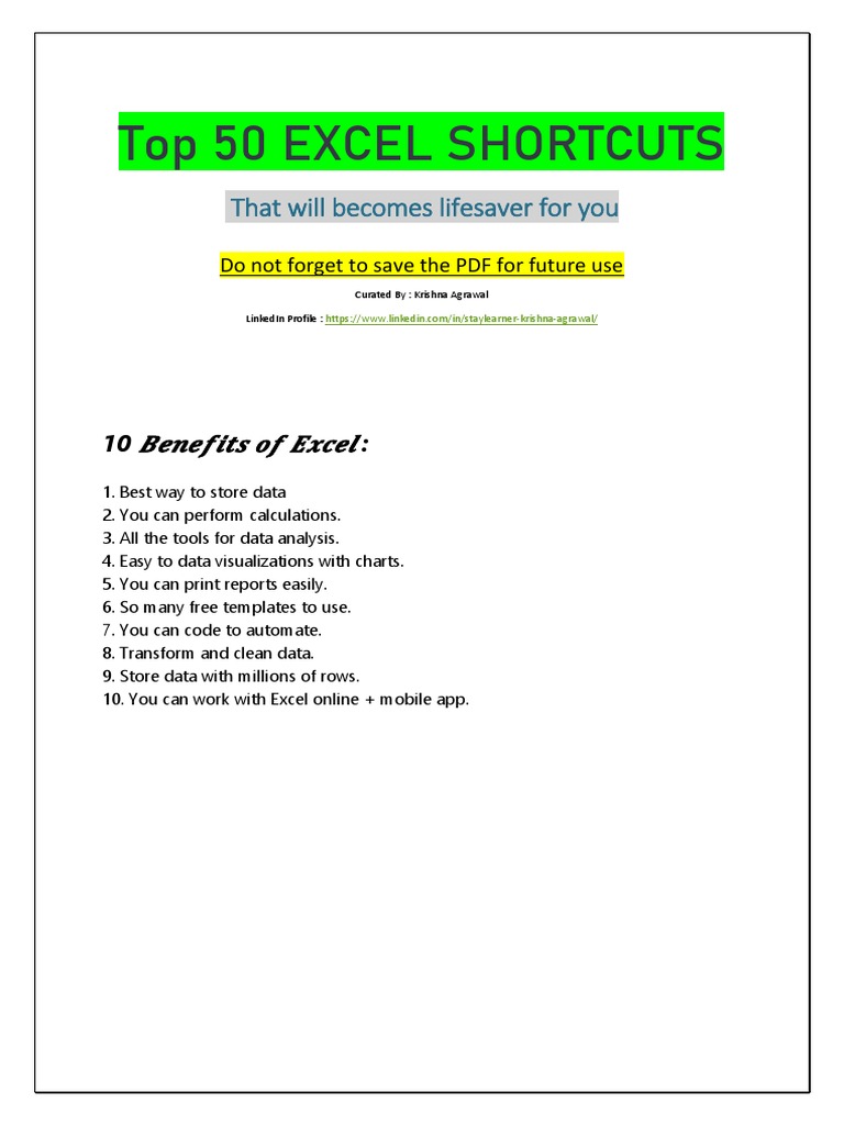Top 50 EXCEL SHORTCUTS That Will Becomes Lifesaver For You | PDF