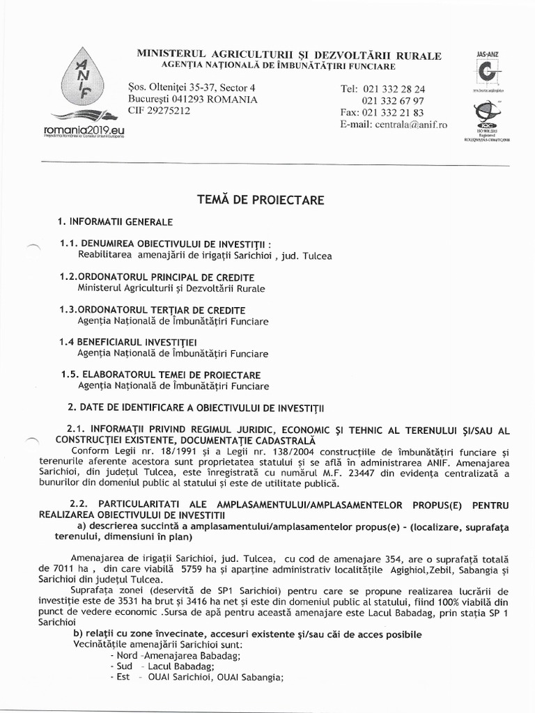 Lot 2 Tema de Proiectare Sarichioi | PDF