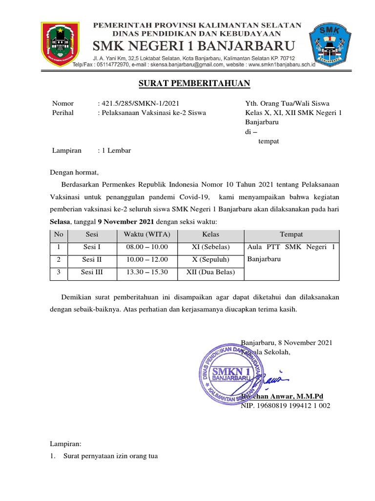 Edaran Dan Surat Izin Ortu Vaksinasi Ke-2 | PDF