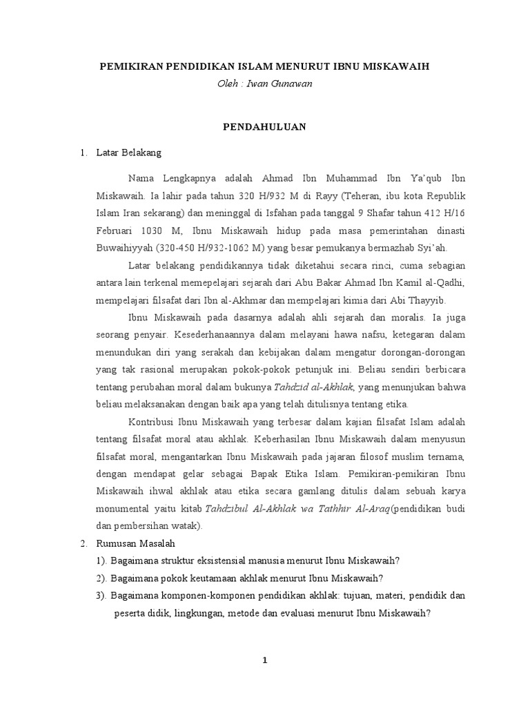 Pemikiran Pendidikan Islam Menurut Ibnu Miskawaih | PDF | Filsafat | Sains & Matematika