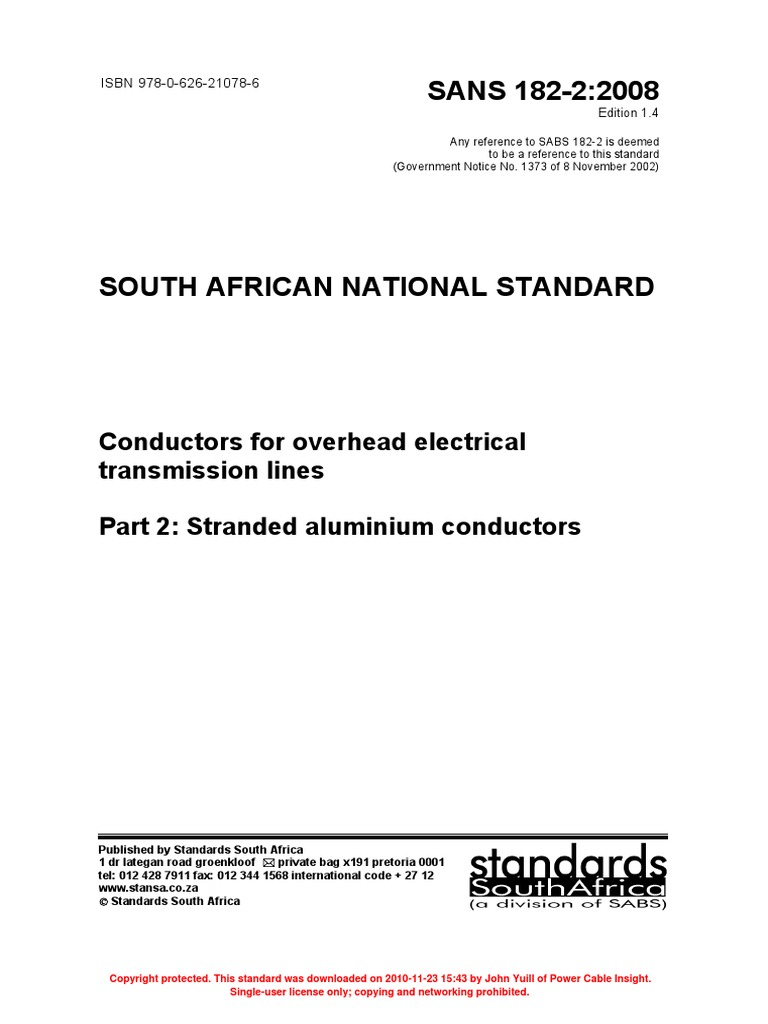SANS 182-2 Conductors For Overhead Electrical Transmission Lines. AAC ...