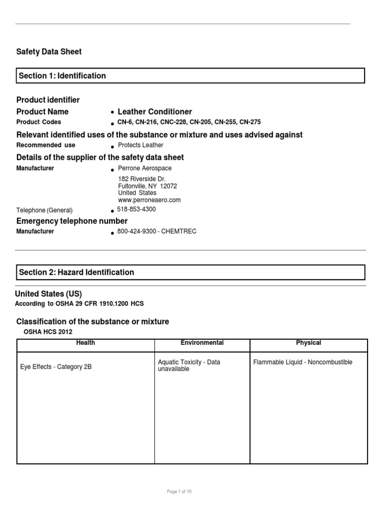 Perrone Leather Cleaner Safety Data | PDF | Toxicity | Superfund