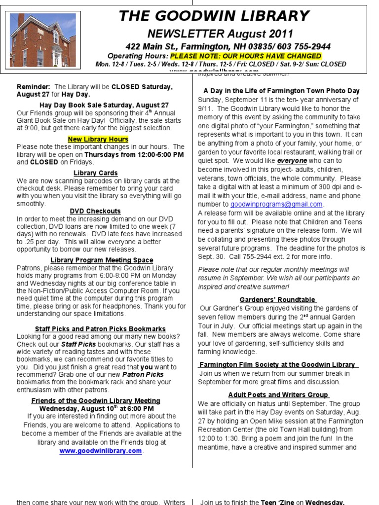 Goodwin Library August 2011 Newsletter - vs. 2 Edited | PDF | Libraries ...