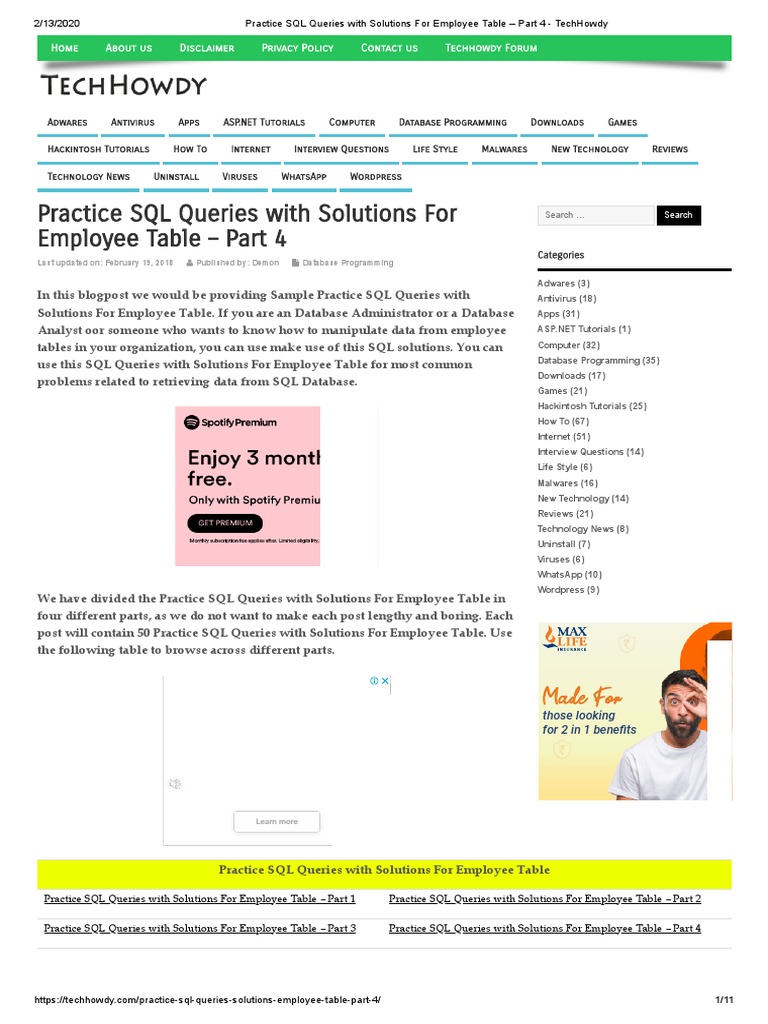 Practice SQL Queries With Solutions For Employee Table - Part 4 | PDF | Sql | Oracle Database