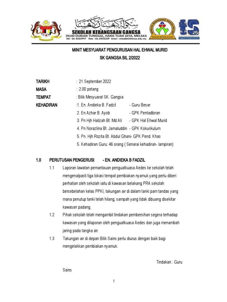 Minit Mesyuarat Pengurusan Hal Ehwal Murid SK Gangsa | PDF