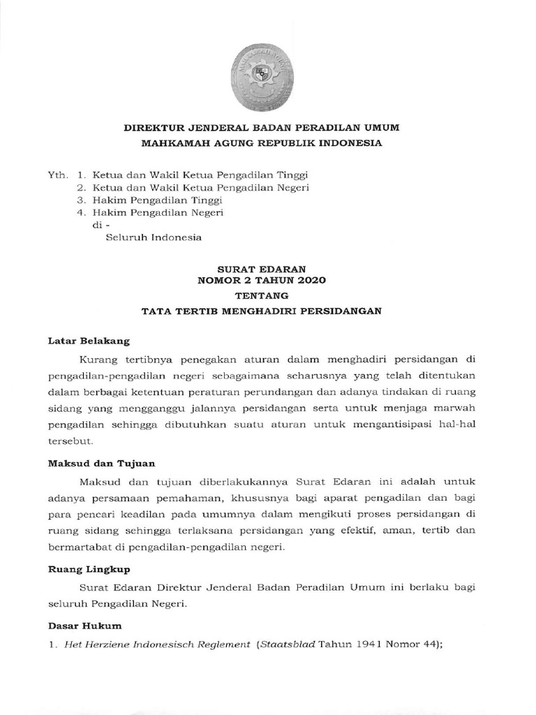 Tata Tertib Sidang Surat Edaran Dirjen Badilum No. 2 Th. 2020-Dikompresi | PDF